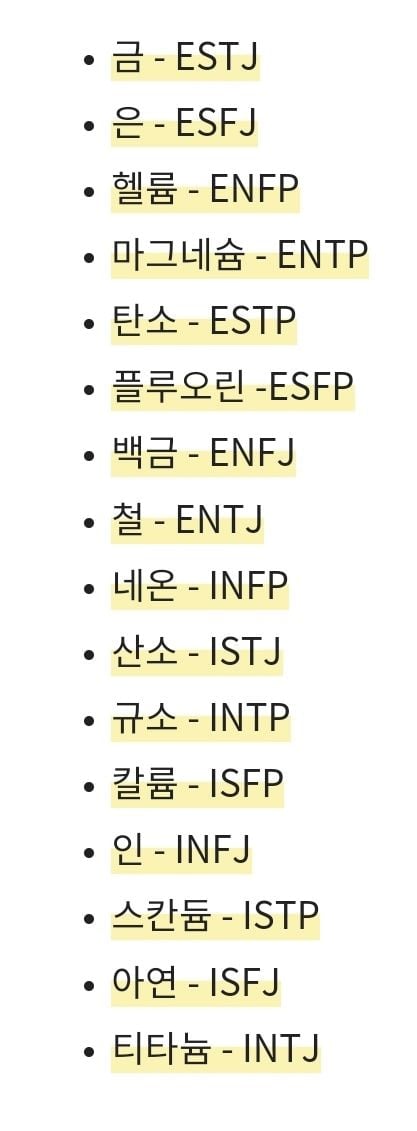 요즘 핫한 화학원소 mbti - 유머/이슈 - YULDO
