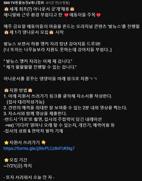 SBS 댕나운서 공개채용 정보 - 유머/이슈 - YULDO