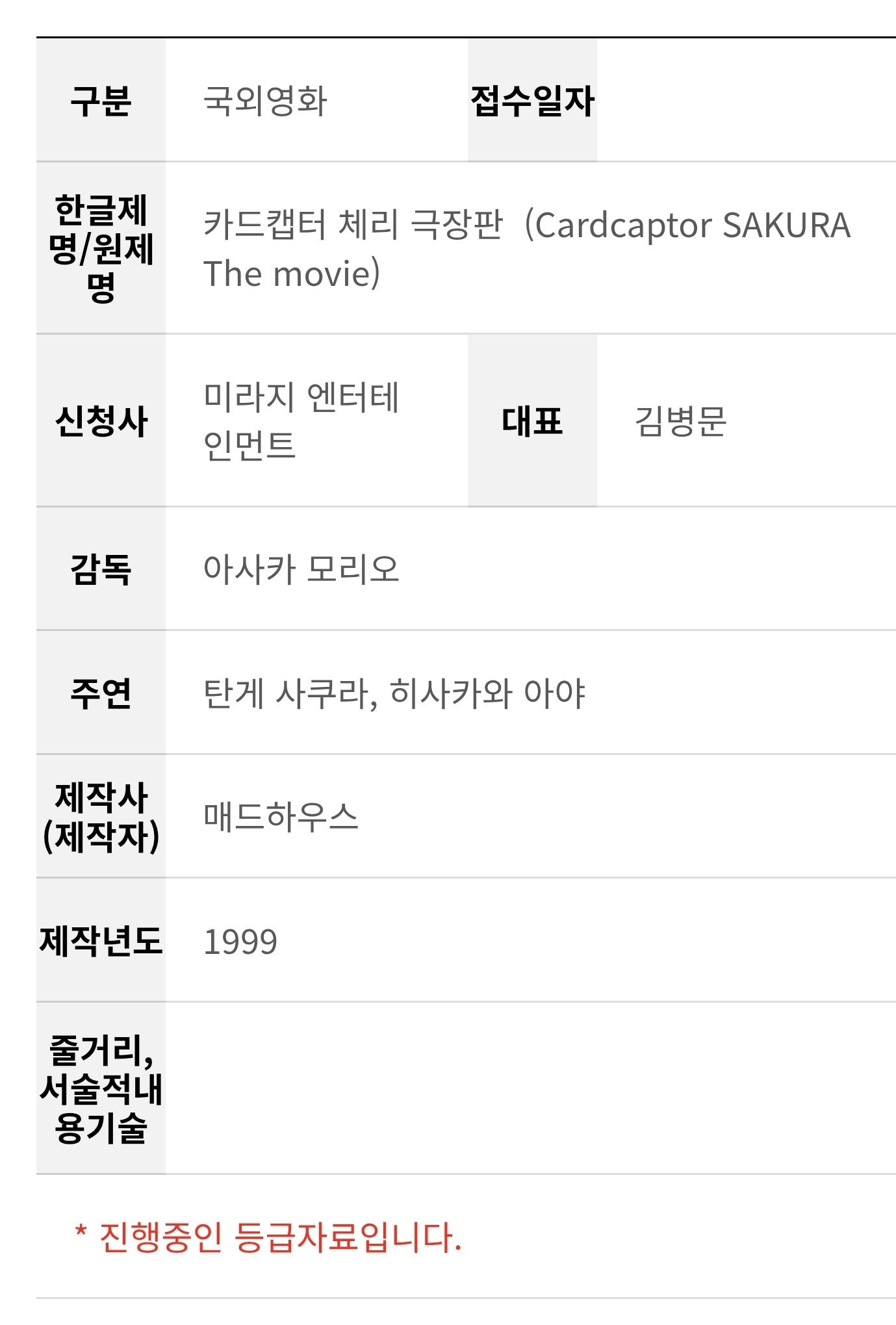 [카드캡터 체리 : 극장판 (1999)] 등급 심의 접수 - 유머/이슈 - YULDO